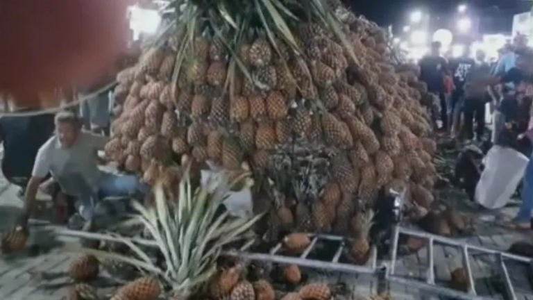 Estrutura de abacaxi gigante tomba sobre público em tradicional festa ...